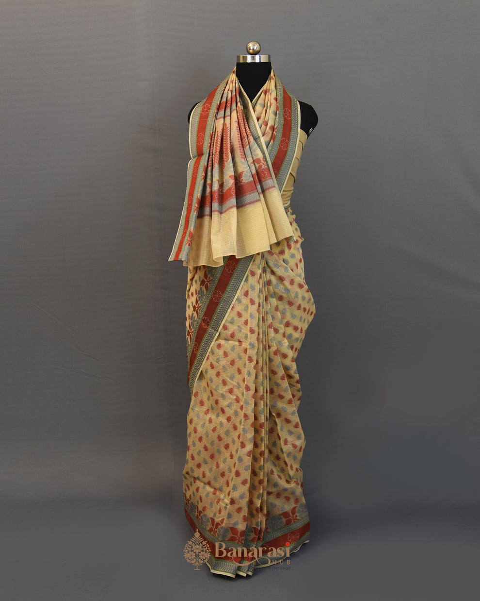Beige Kota Check Weaving Cotton Banarasi Saree – Banarasi Hub